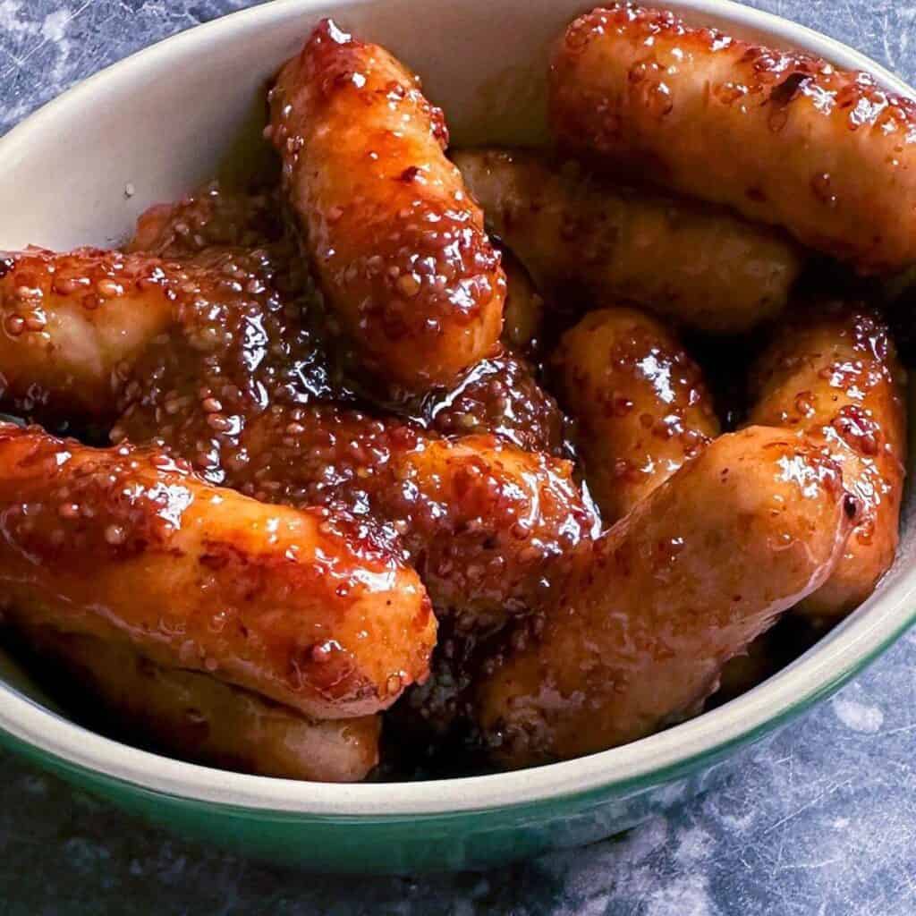 Sticky Glazed Honey Mustard Cocktail Sausages - Rosanna ETC